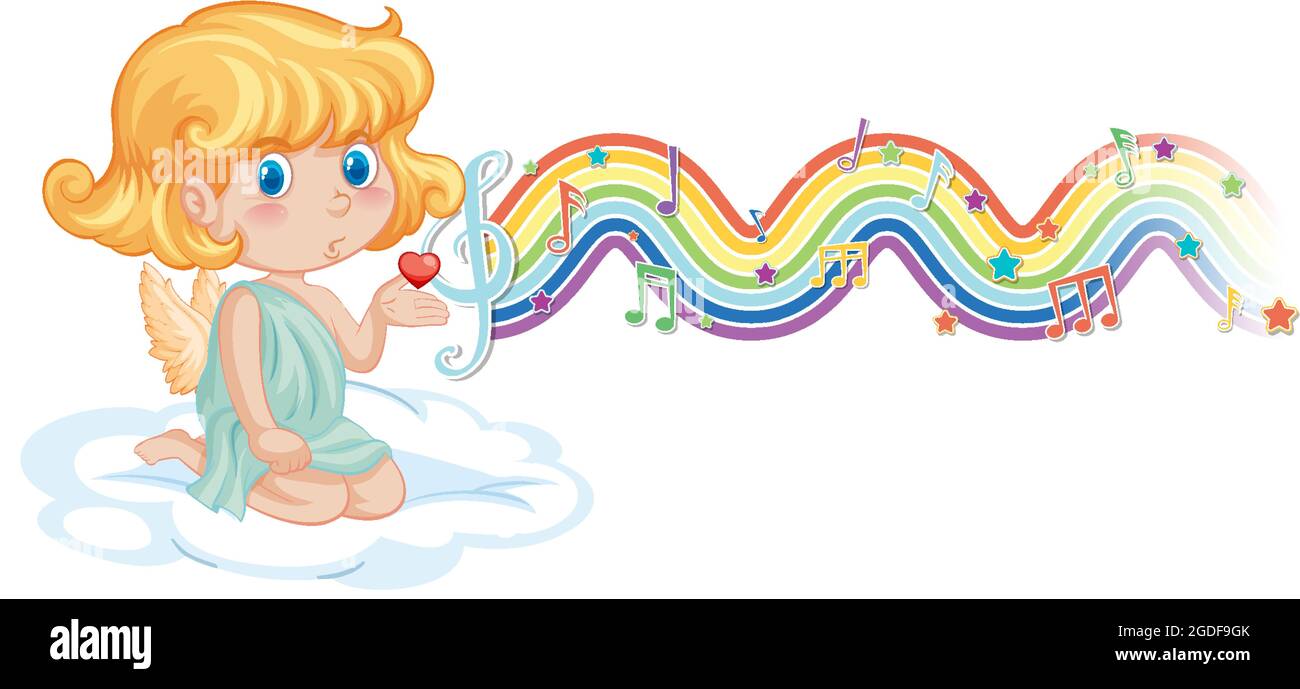 Cupid girl with melody symbols on rainbow wave illustration Stock ...