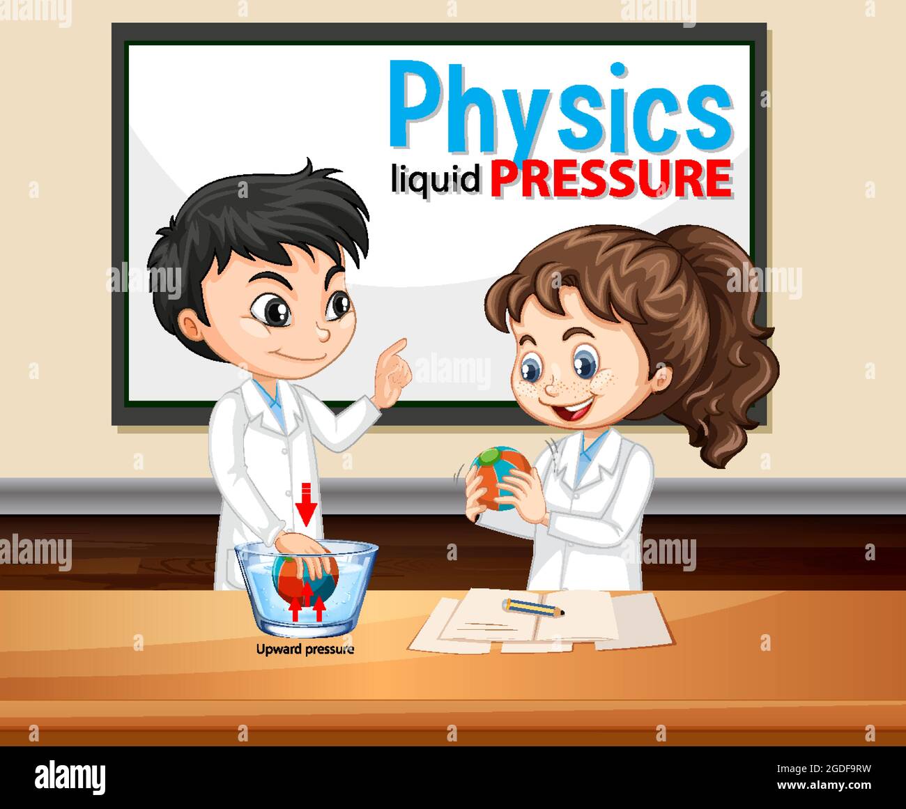 Physics liquid pressure with scientist kids cartoon character ...
