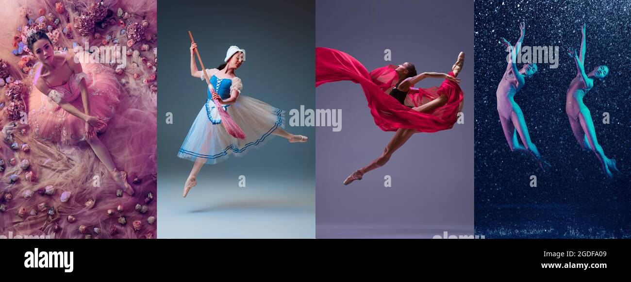 Collage of portraits of female ballet dancers dancing on studio ...