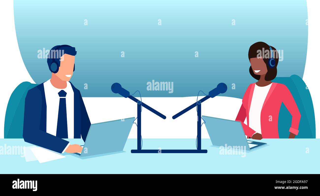 Vector of a man and a woman recording radio show in a studio podcasting ...