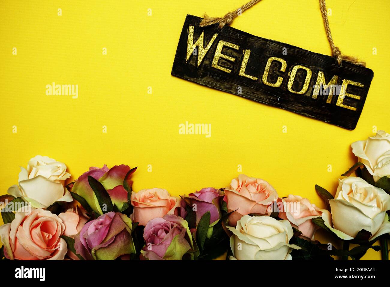 welcome sign with rose flower on yellow background Stock Photo - Alamy
