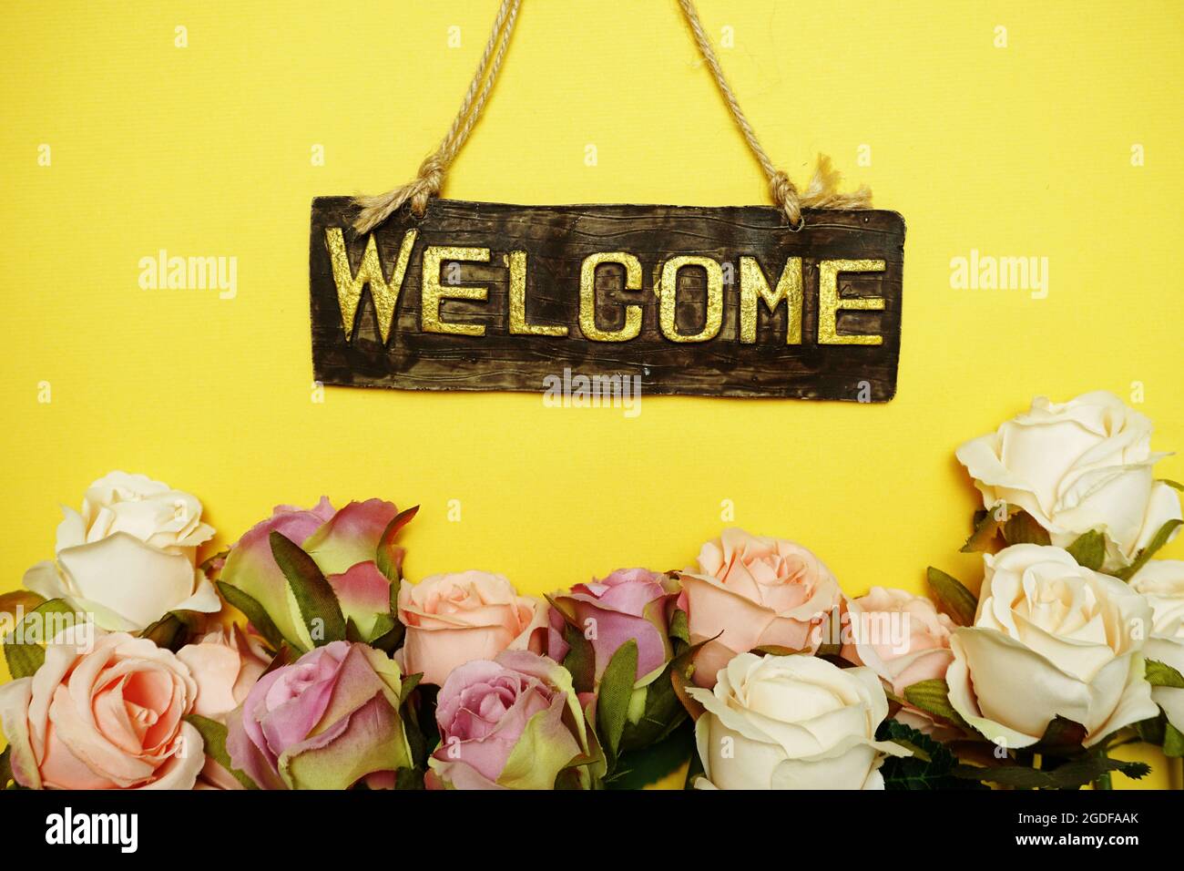 welcome sign with rose flower on yellow background Stock Photo - Alamy