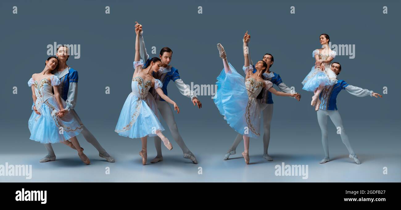 Composite image of portraits of ballet dancers couples in theater ...