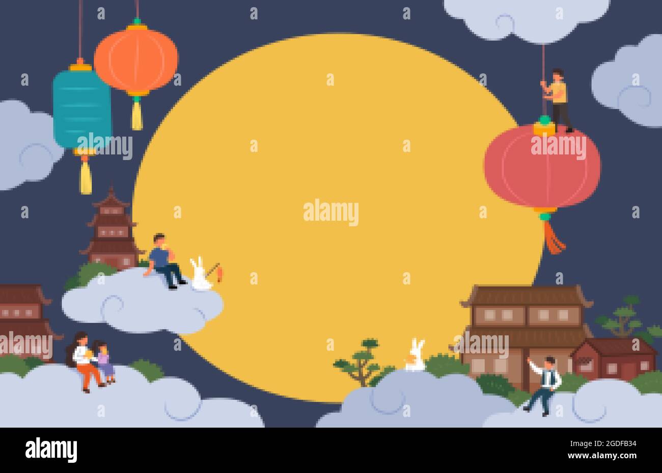 Mid autumn festival design. Flat illustration of Chinese people living ...