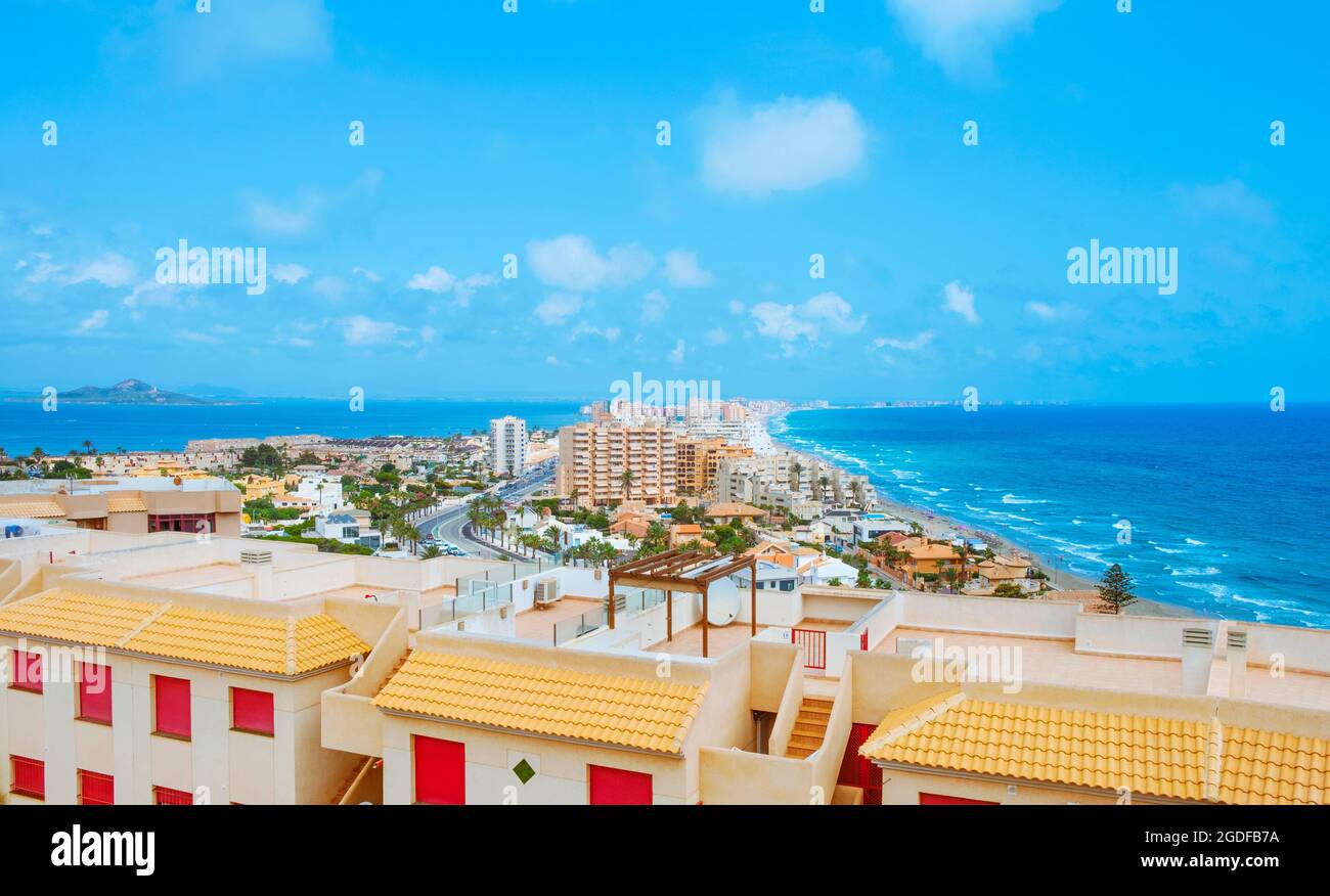 a panoramic view over La Manga del Mar Menor, in Murcia, Spain, with ...