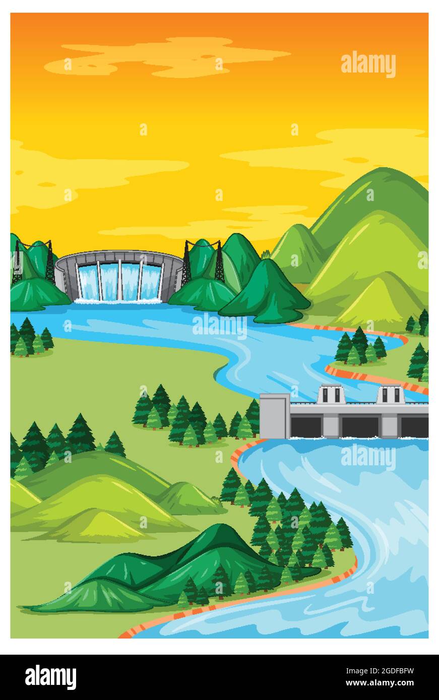 Vertical nature landscape at daytime scene with dam illustration Stock ...