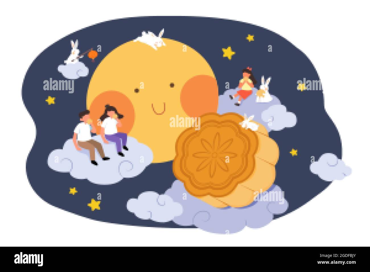Mid autumn festival design. Flat illustration of people on clouds ...