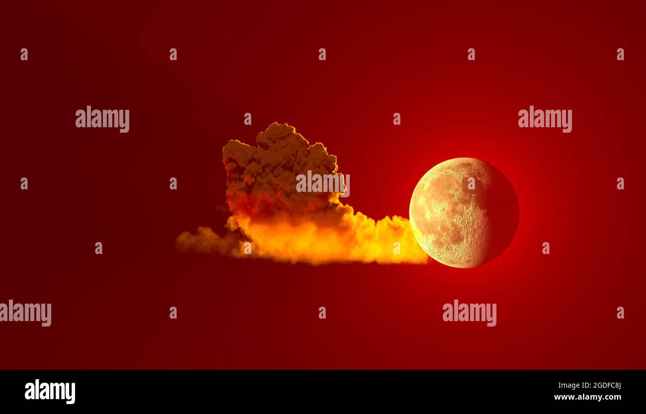 alone red cumulus cloud with moon - cgi nature 3D rendering Stock Photo ...