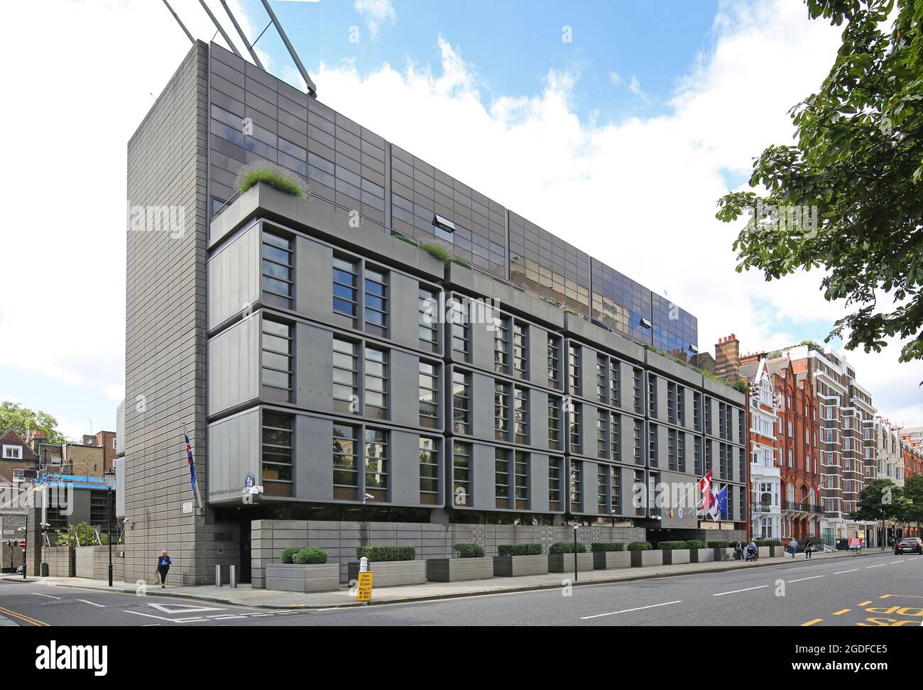 The Danish Embassy in London, UK, on Sloane Street. Modern, zinc-clad ...