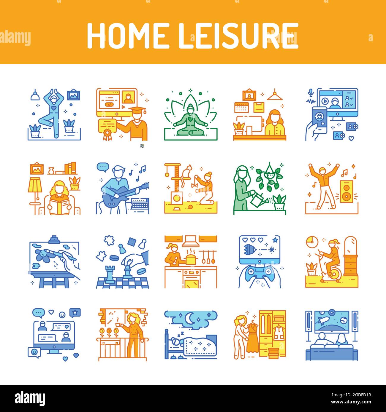 Home leisure color line icon. Homework and hobby: Dancing, Cleaning ...