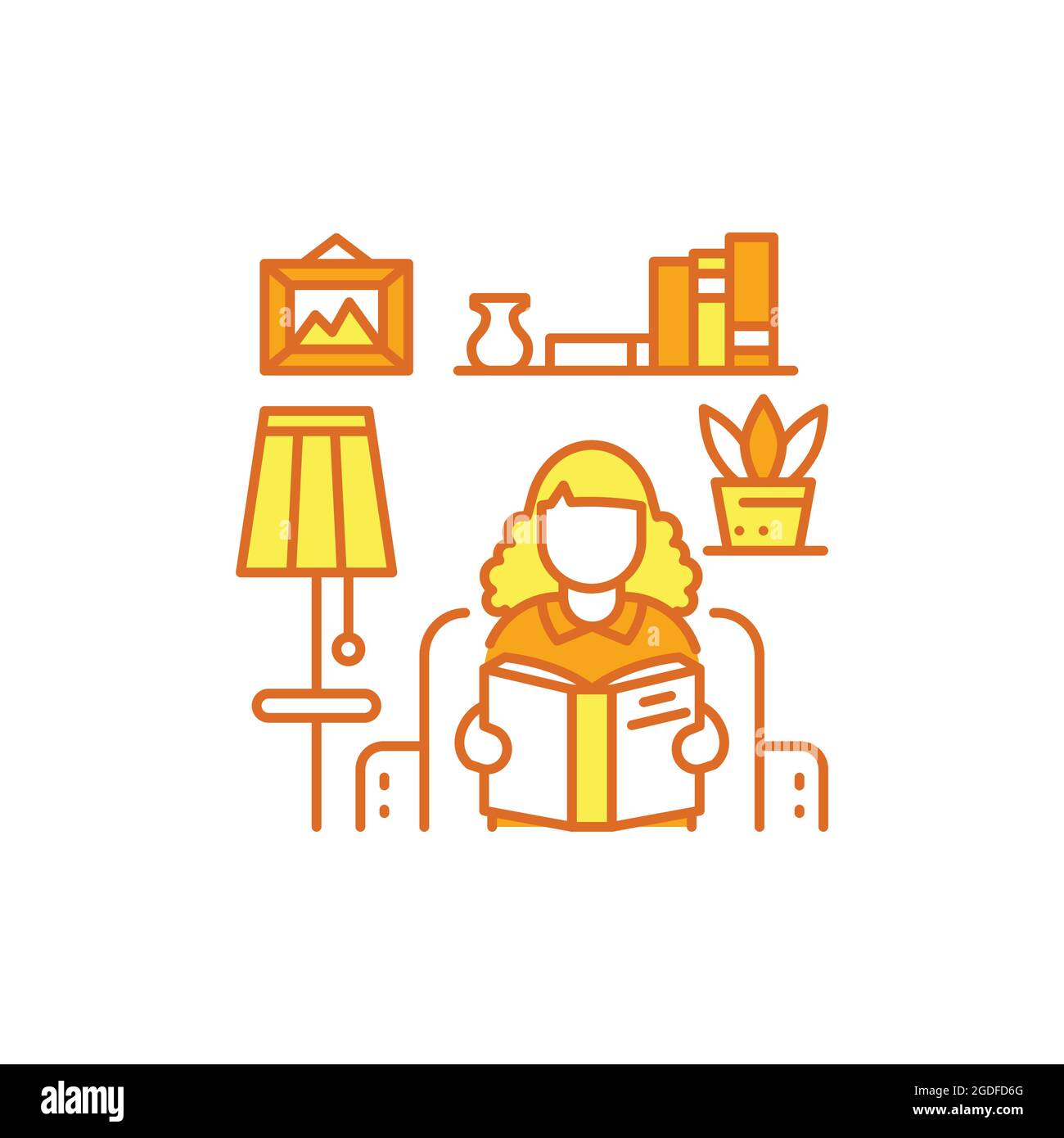 Faceless girl sitting on armchair and reading book color line icon ...