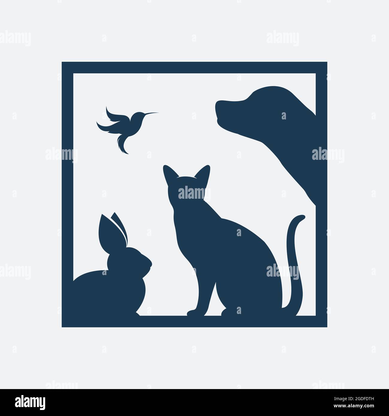 Vector group of pets in the frame - Dog, cat, bird, rabbit, Isolated on ...
