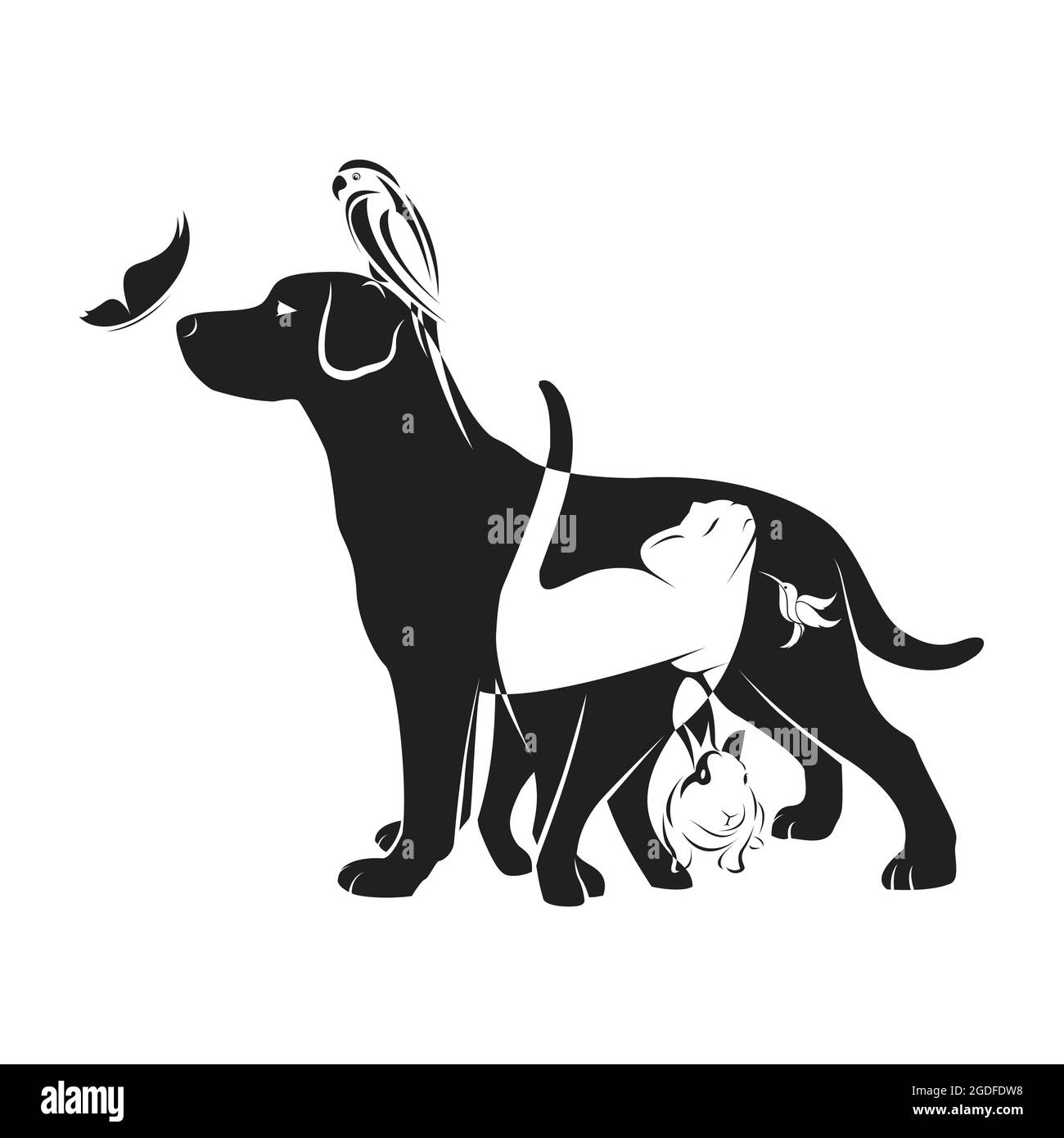 Vector group of pets - Dog, cat, bird,butterfly, rabbit, isolated on ...