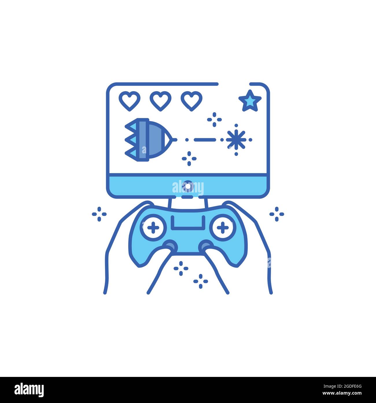 Computer games color line icon. Gamer holding joystick and playing ...