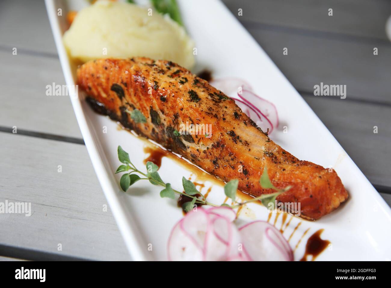 Grilled baked Salmon steak Stock Photo - Alamy