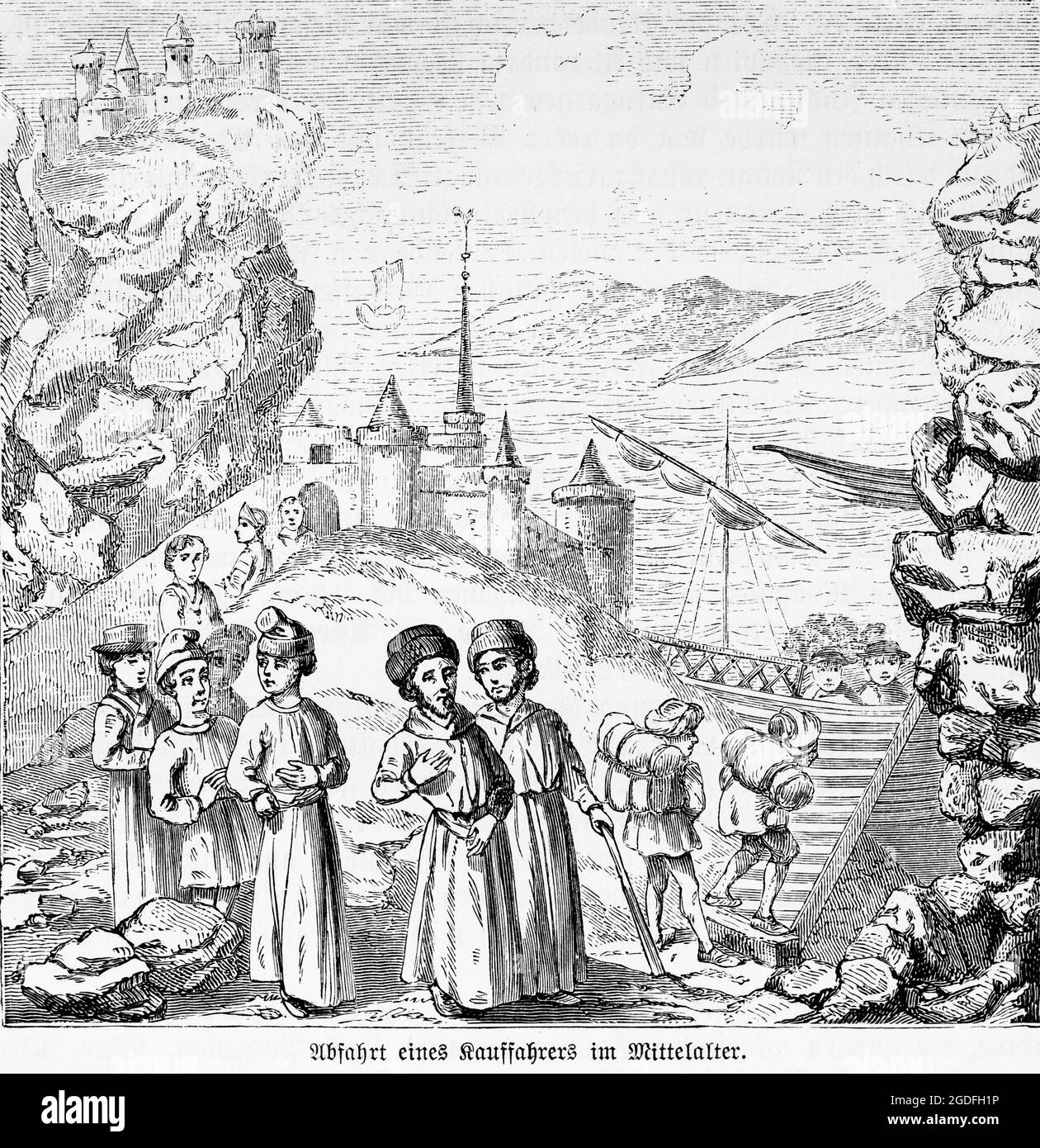 Italian merchants leave by boat, which is being loaded, Middle Ages ...