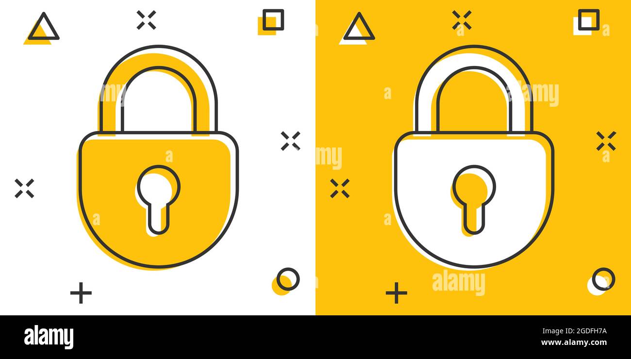 Vector cartoon lock icon in comic style. Padlock locker sign ...