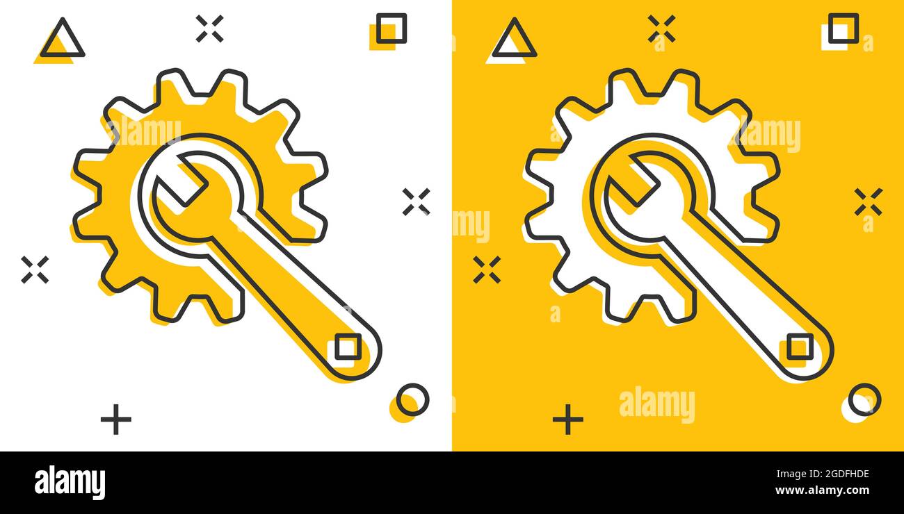 Vector cartoon service tool icon in comic style. Cogwheel with wrench ...