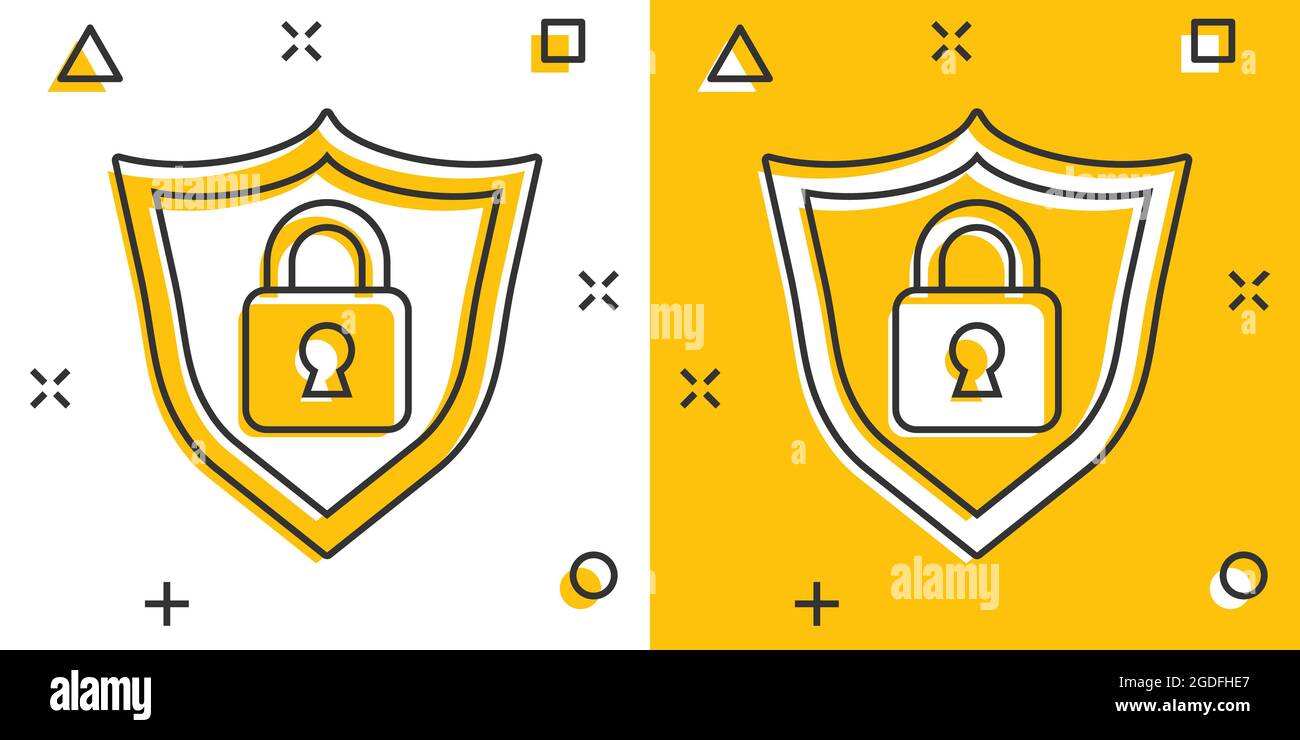 Vector cartoon lock with shield security icon in comic style ...