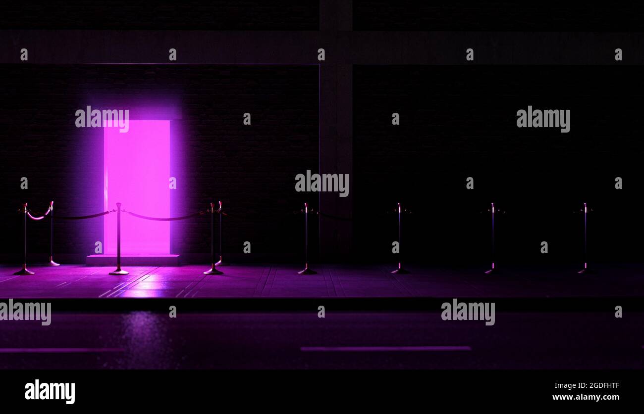 An evening scene outside a nightclub entrance emitting a pink light and ...