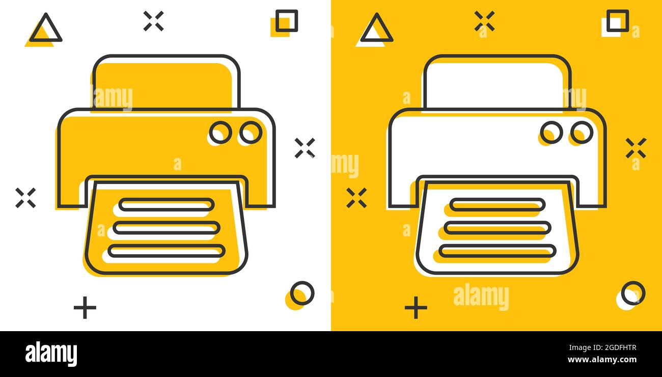 Vector cartoon printer icon in comic style. Document printing sign ...