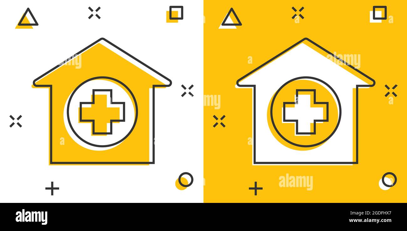 Vector cartoon hospital building icon in comic style. Infirmary medical ...