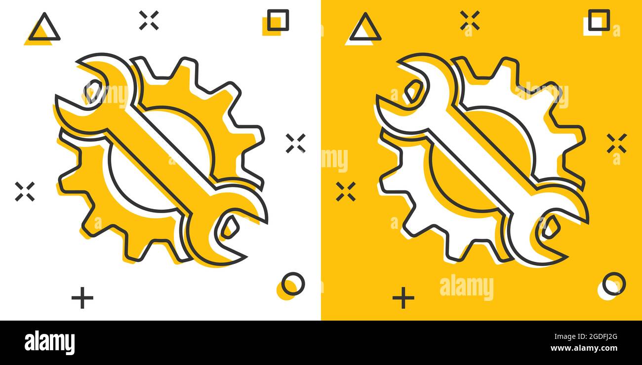 Vector cartoon service tool icon in comic style. Cogwheel with wrench ...