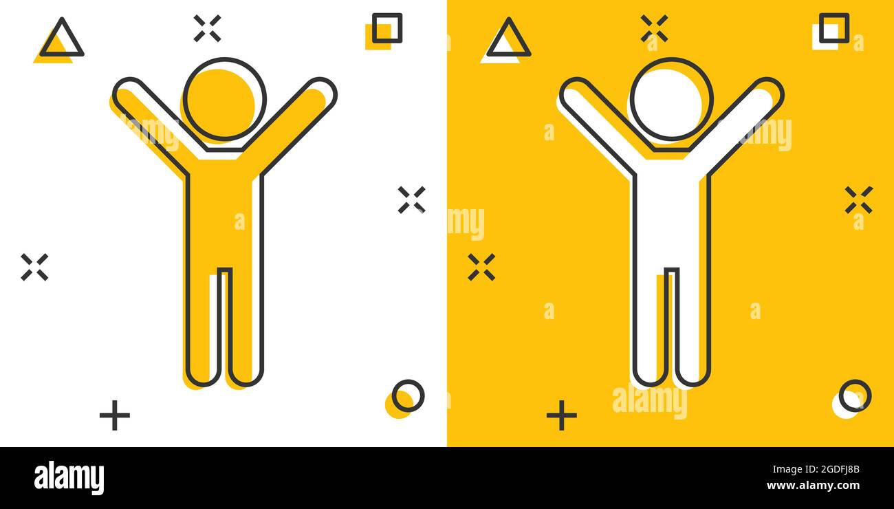 Vector cartoon happy man with hands up icon in comic style. People ...