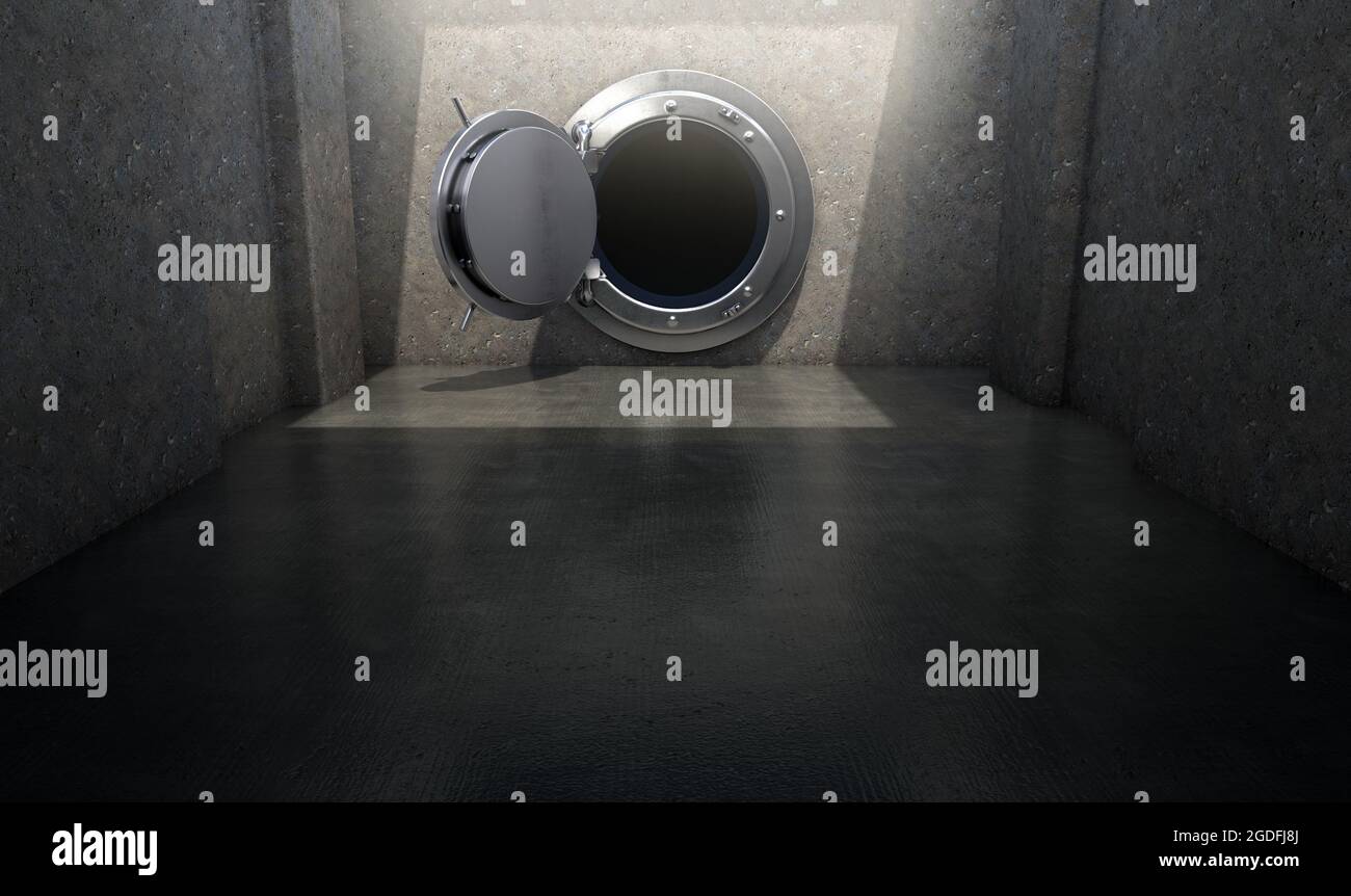 A concept of an open heavy metal walk in bank vault ina concret chamber ...
