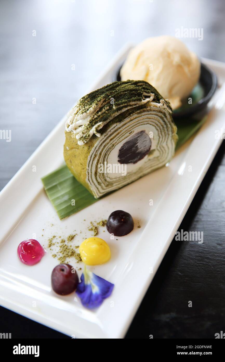 green tea roll cake with ice cream Stock Photo - Alamy