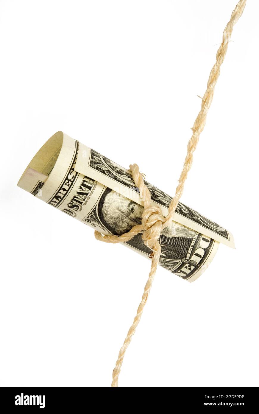 Shoestring budget dollar. string or twine tied in a bow isolated on ...