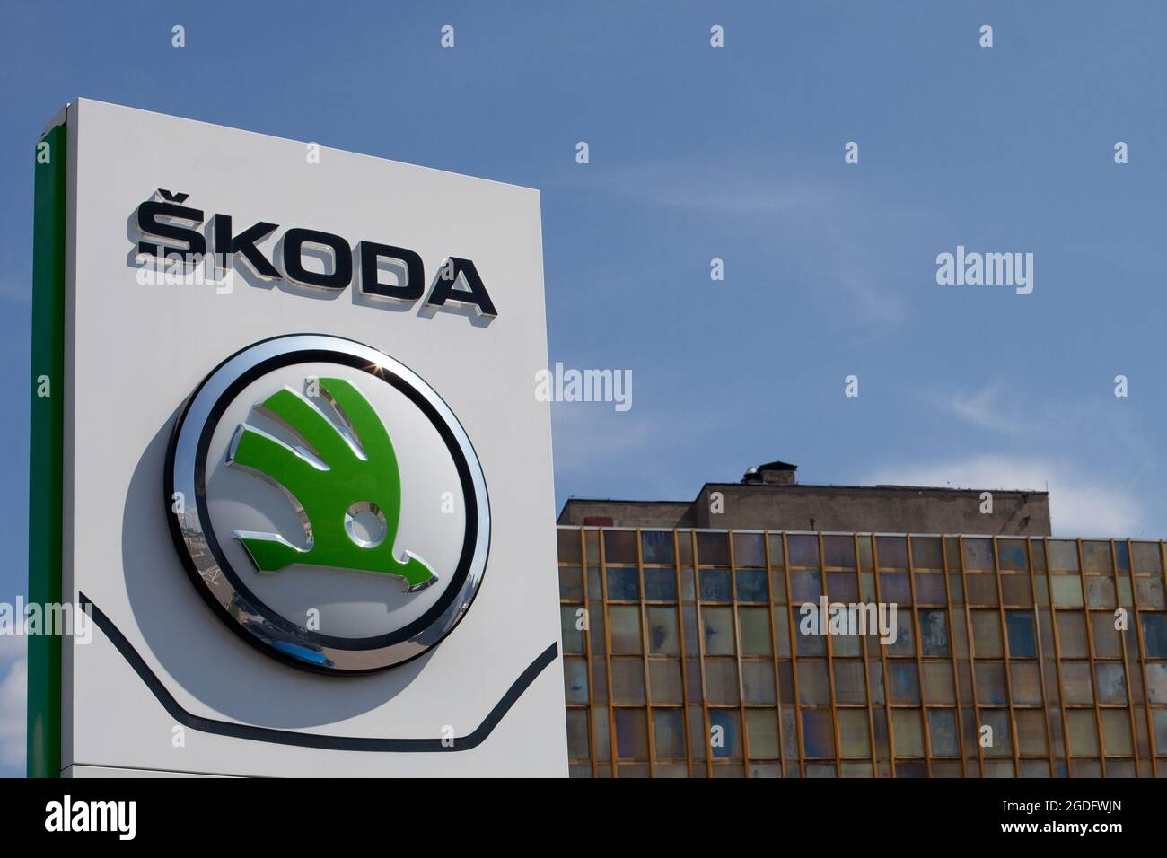 POZNAN, POLAND - Aug 12, 2021: Skoda dealership sign in front of the ...