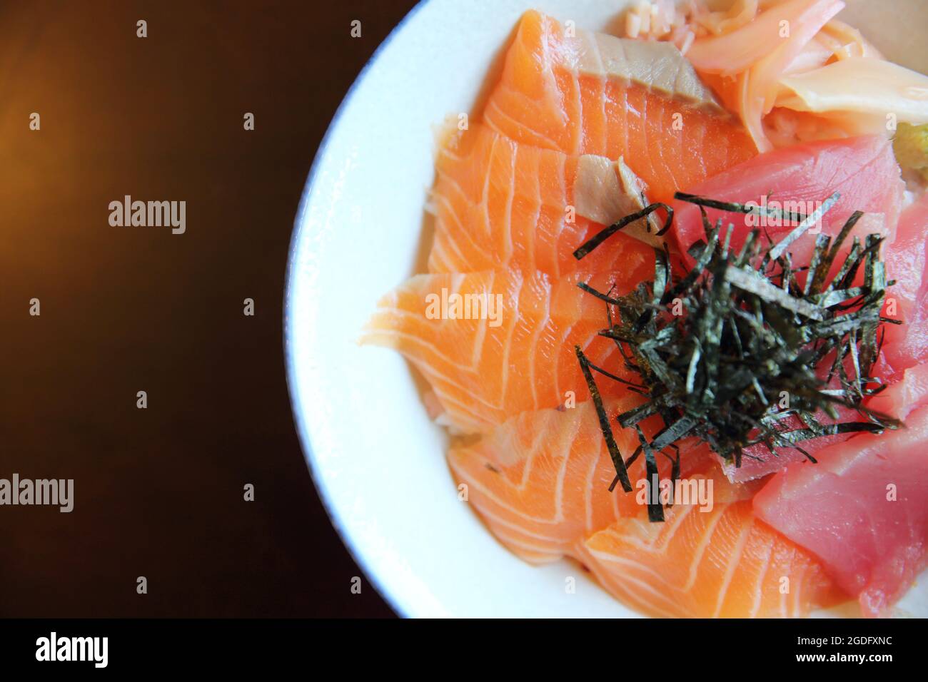 Salmon and tuna sushi don Stock Photo - Alamy