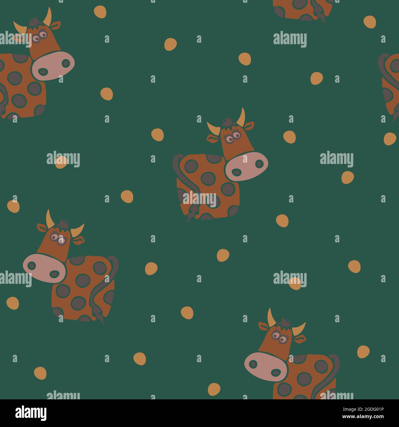 Seamless vector pattern with brown cows on green background. Hand drawn ...