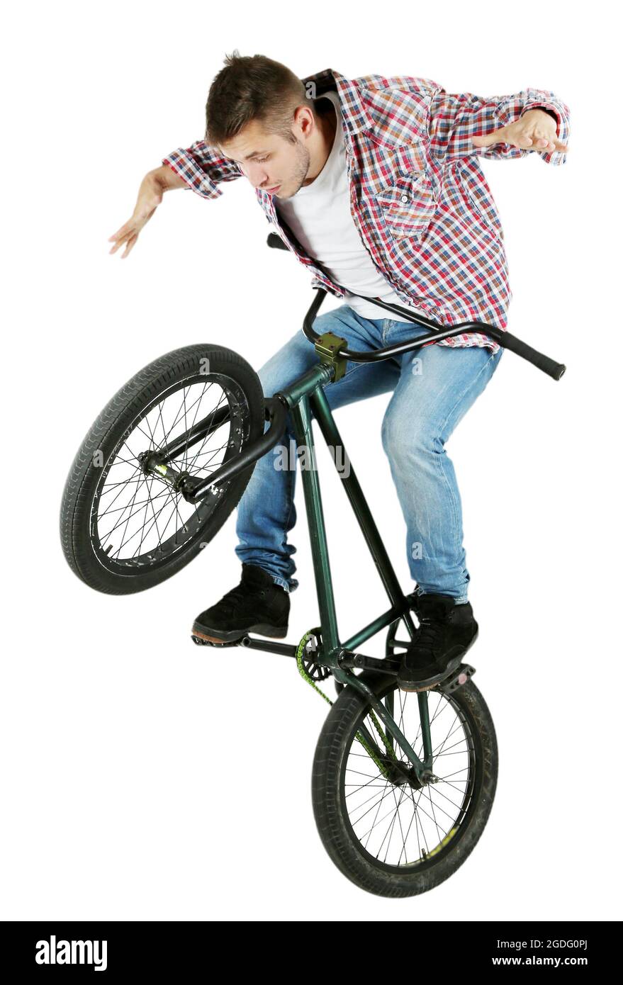 Young boy on BMX bike isolated on white Stock Photo - Alamy