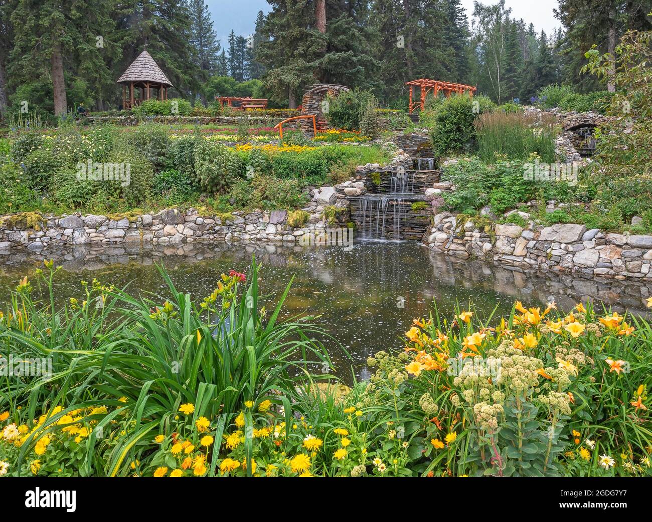 View of a waterfall with gazebo and bridge in the Cascade public ...