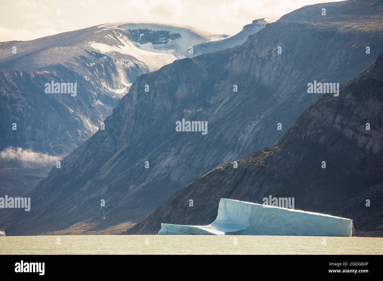 small iceberg floats in ocean below large sea cliffs Stock Photo - Alamy
