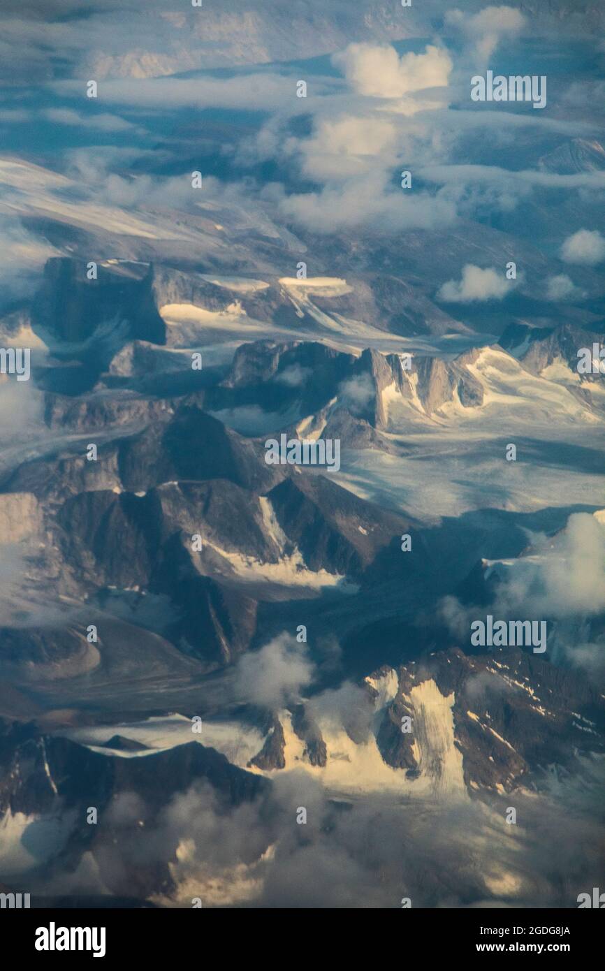 Birds eye view of Glaciers and mountains, Baffin Island Canada Stock ...