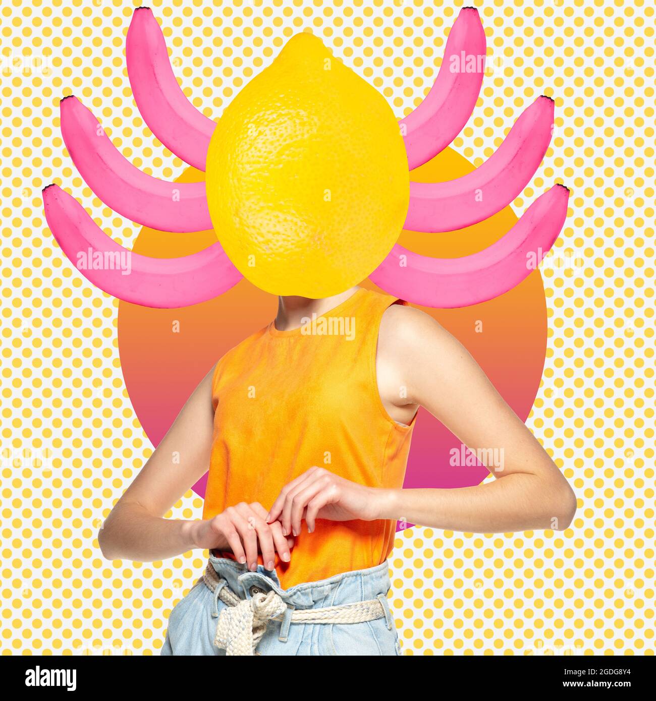 Creative art collage. Young woman headed with lemon and bananas.Summer ...