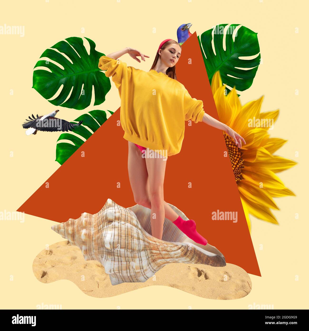 Contemporary art collage. Unity with nature. Young female dancer in ...