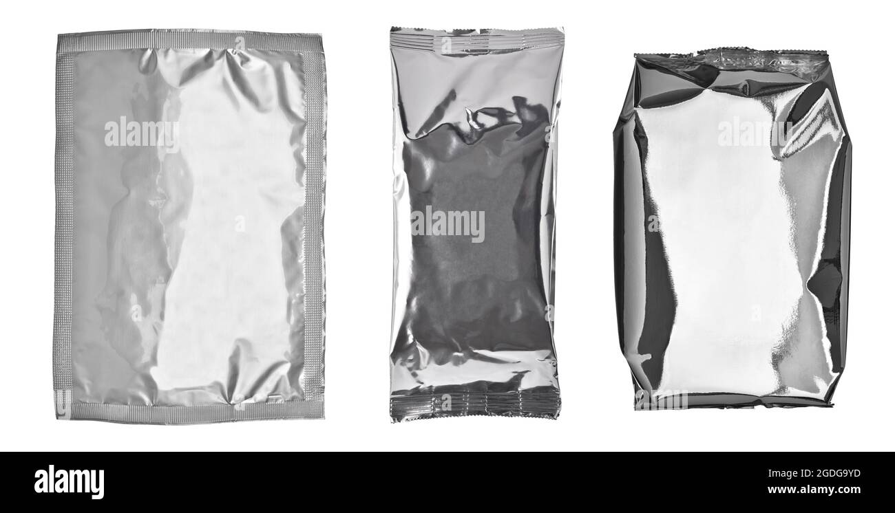 white silver aluminum paper bag package food template box background ...