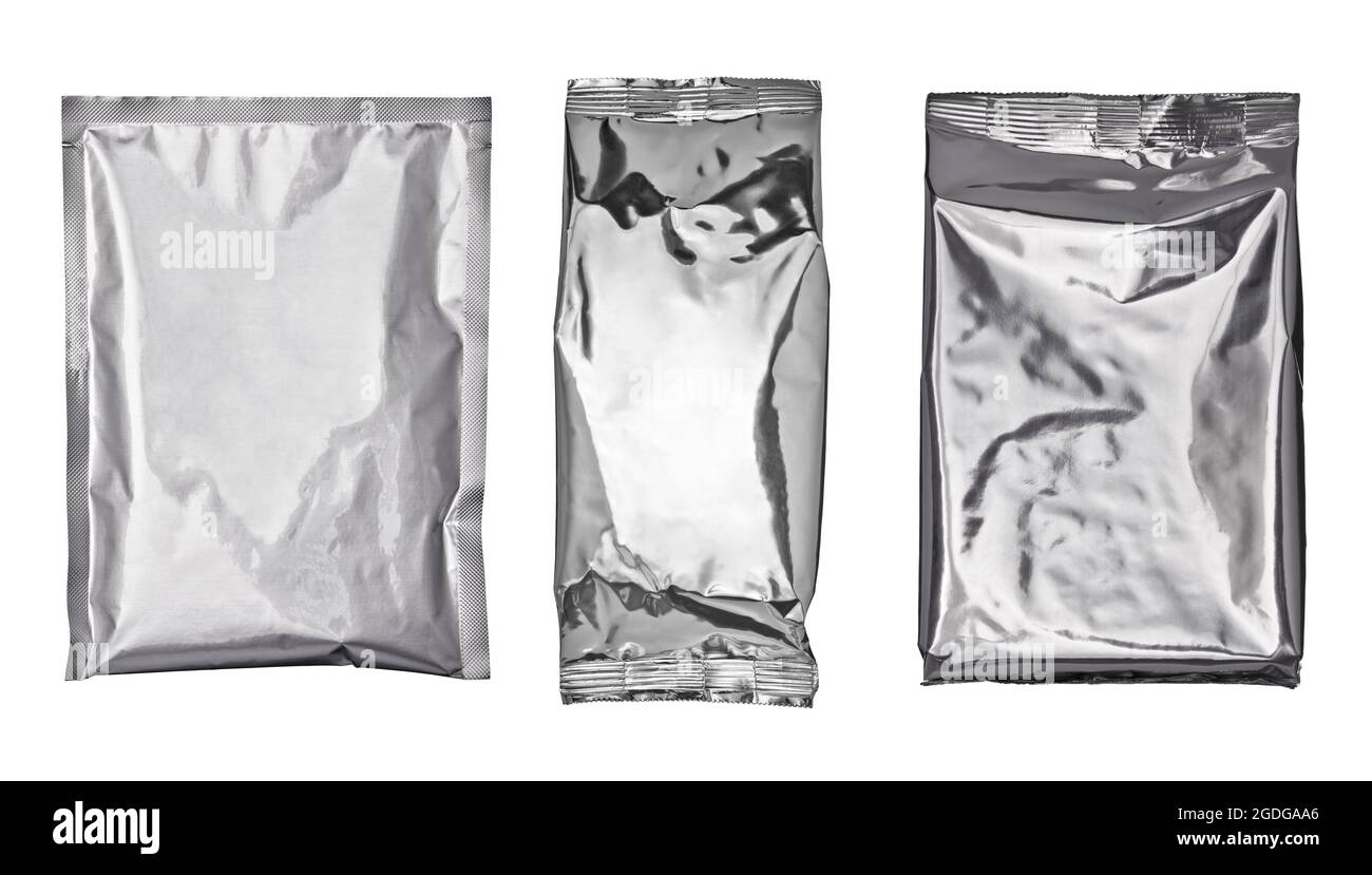 white silver aluminum paper bag package food template box background ...