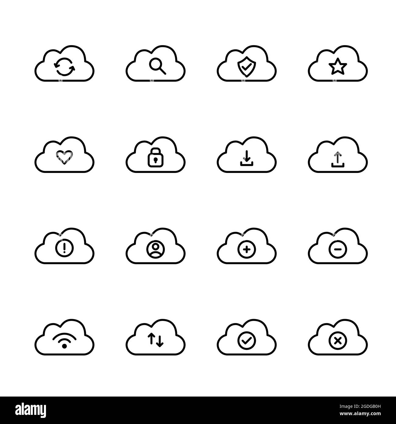 Cloud storage icons. Add, sync, security, connection and other. Pixel ...