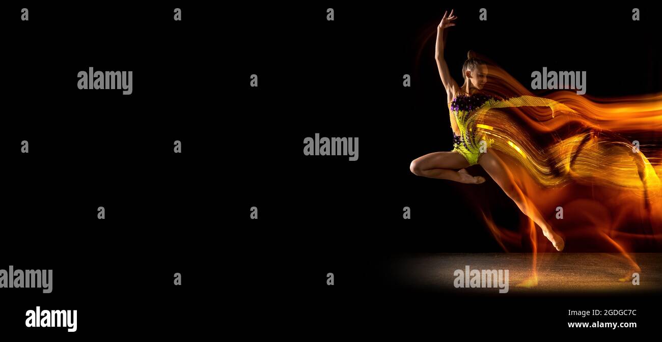 Flyer. Portrait of young girl, rhythmic gymnastics artist in action ...