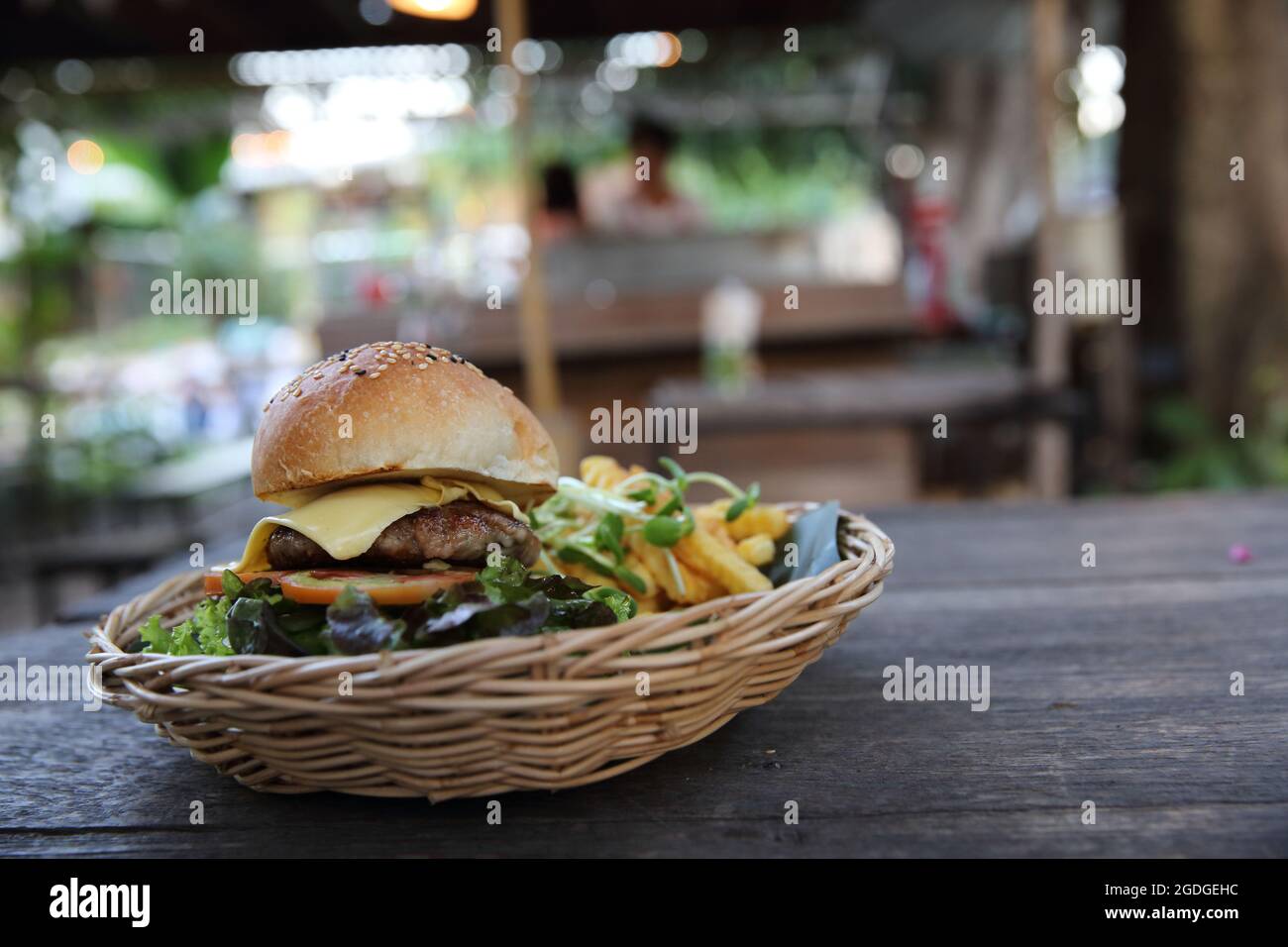 Beef Hamburger on wood background Stock Photo - Alamy