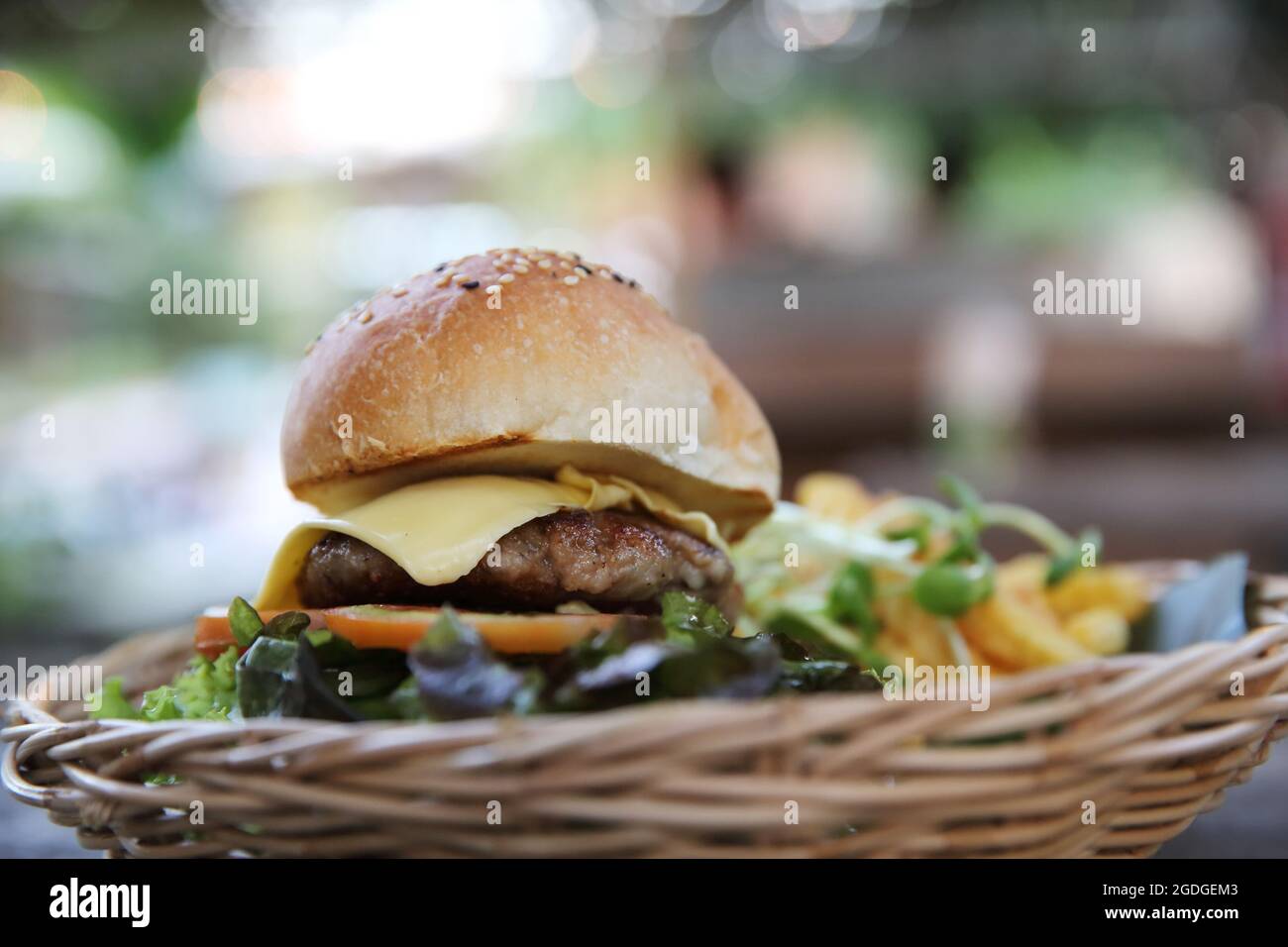 Beef Hamburger on wood background Stock Photo - Alamy