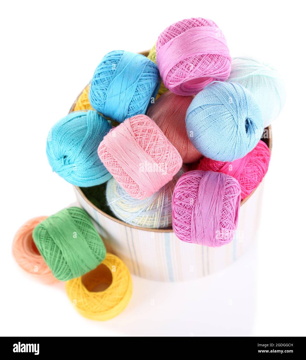 Clews of thread for hook knitting in a box isolated on white Stock ...