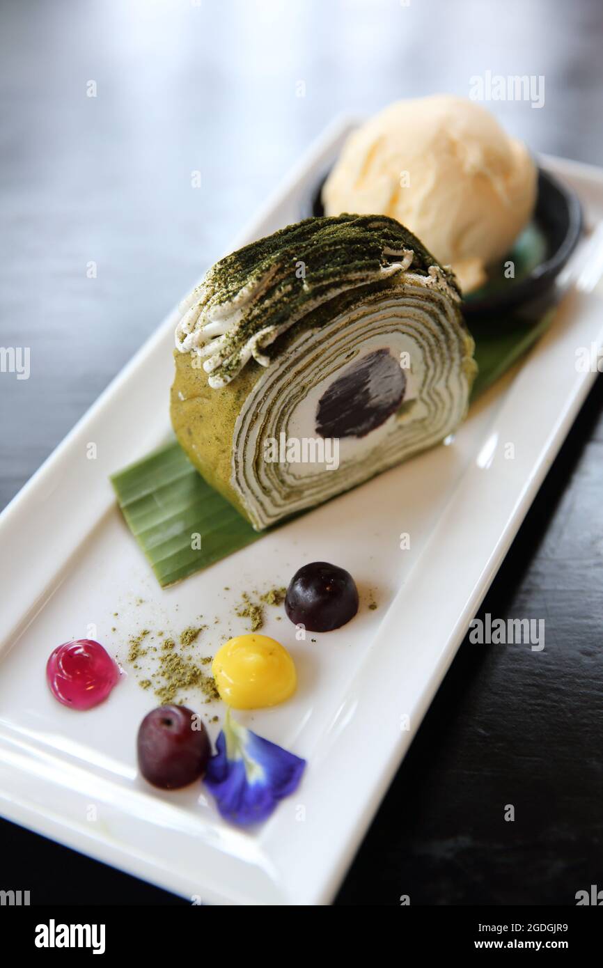 green tea roll cake with ice cream Stock Photo - Alamy