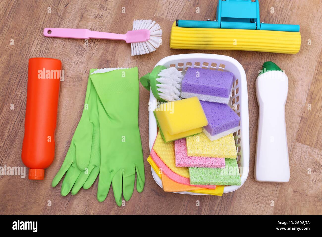 Collection of cleaning products and tools Stock Photo - Alamy
