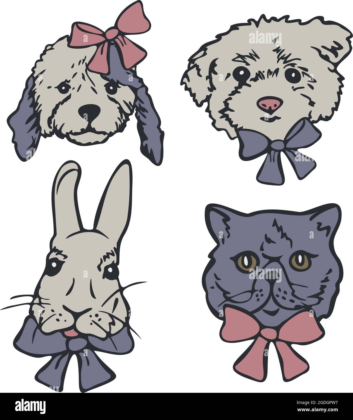 Vector illustration set with cute pets with ribbon bows. Dog, rabbit ...